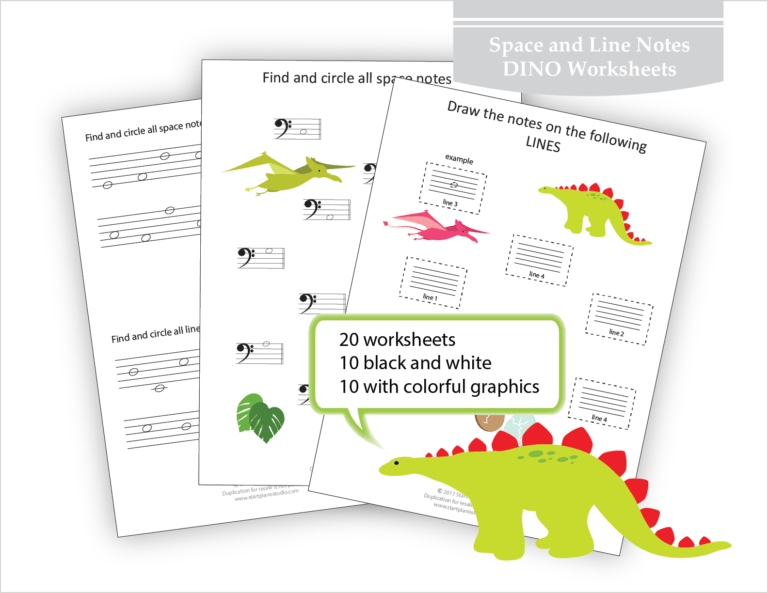 Space and Line Notes DINO Worksheets - Piano Heroes | Piano Teaching ...