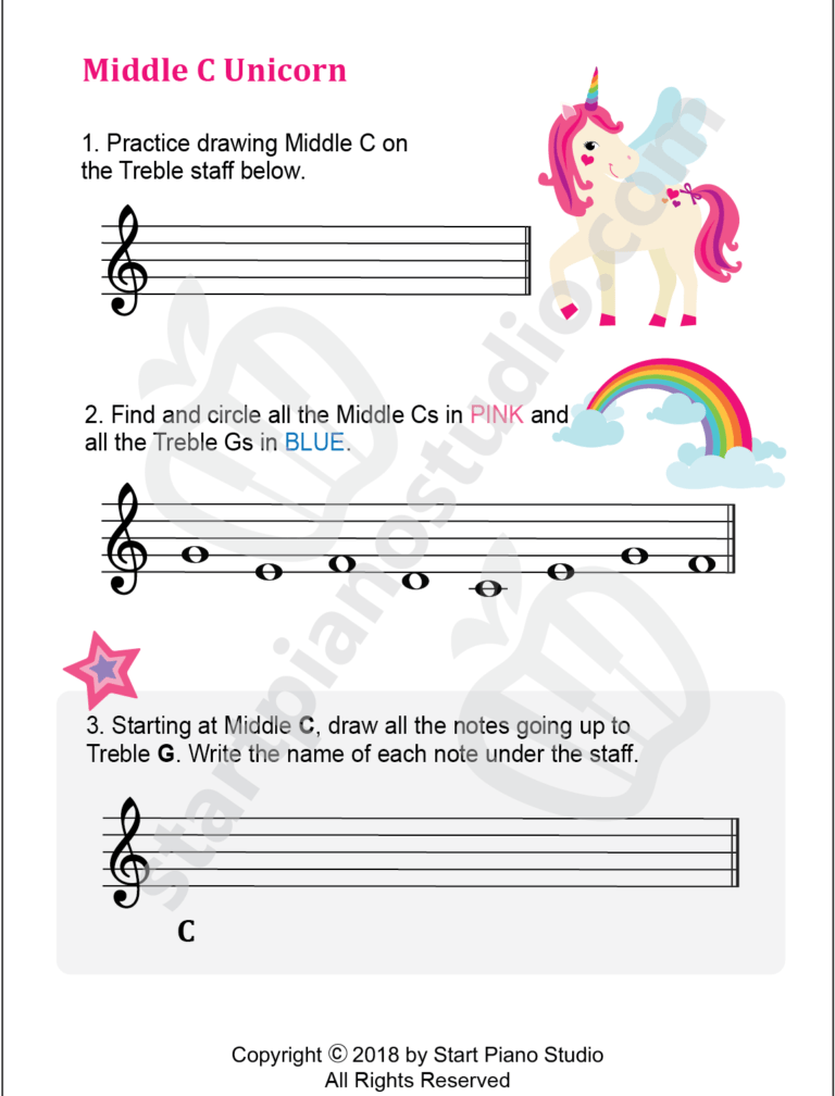 Middle C Unicorn Printable - Piano Heroes | Piano Teaching Resources