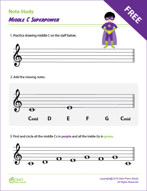 Middle C Superpower Note Study - Piano Heroes | Piano Teaching Resources