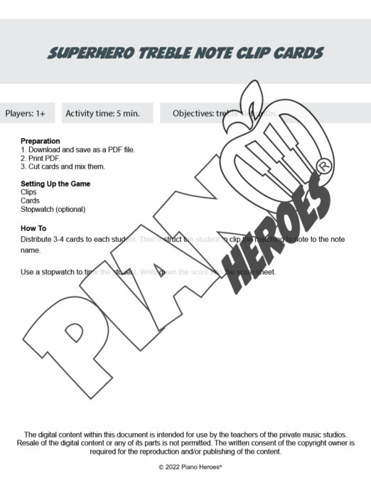 Superhero Treble Note Clip Cards - Piano Heroes