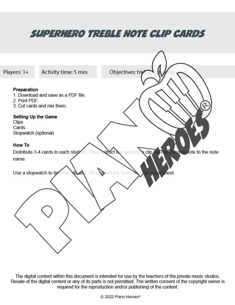 Superhero Treble Note Clip Cards - Piano Heroes